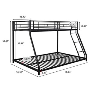 CITYLIGHT Metal Bunk Bed Twin Over Full Size, Heavy Duty Floor Bunk Beds Frame with Security Guardrail and Ladder for Adults, Teens, Kids, Dormitory, Bedroom, No Box Spring Needed, Black