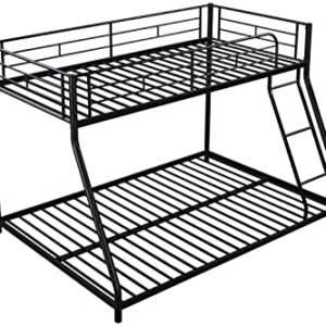 CITYLIGHT Metal Bunk Bed Twin Over Full Size, Heavy Duty Floor Bunk Beds Frame with Security Guardrail and Ladder for Adults, Teens, Kids, Dormitory, Bedroom, No Box Spring Needed, Black