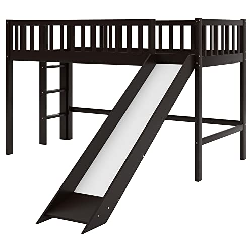 Twin Loft Bed with Slide Rails Frame Wood for Junior Kids Slat Support, No Box Spring Needed