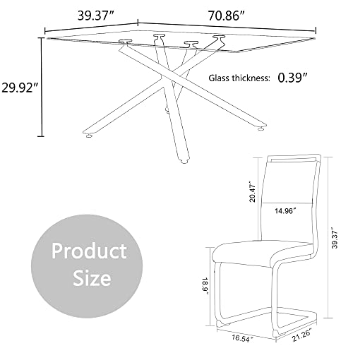 Baysitone 71 inch Dining Glass Table Set for 8, Modern Rectangle Dinner Tempered Glass Table Top and Pu Faux Leather Chairs for Dining Room, Silver Dining Table & Chair Sets for Kitchen, White