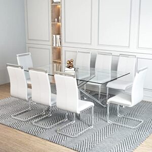 Baysitone 71 inch Dining Glass Table Set for 8, Modern Rectangle Dinner Tempered Glass Table Top and Pu Faux Leather Chairs for Dining Room, Silver Dining Table & Chair Sets for Kitchen, White