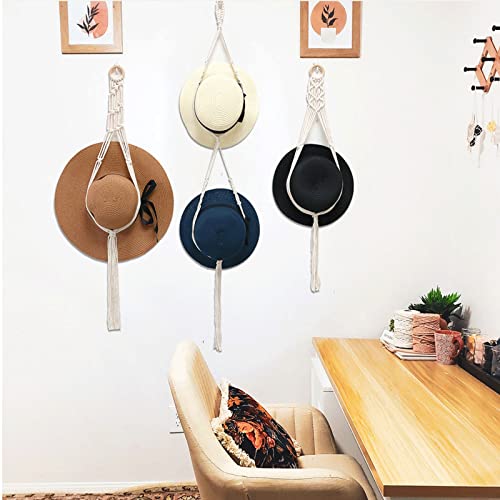 ZQXUNMQ Hat Organizer 3 Pieces Boho Hats Rack Handmade Cotton Rope Woven Hat Hangers Bohemian Hat Holder for Man and Women Caps Storage Wall Display Living Room Bedroom Decor