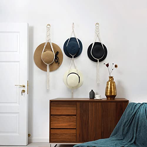 ZQXUNMQ Hat Organizer 3 Pieces Boho Hats Rack Handmade Cotton Rope Woven Hat Hangers Bohemian Hat Holder for Man and Women Caps Storage Wall Display Living Room Bedroom Decor