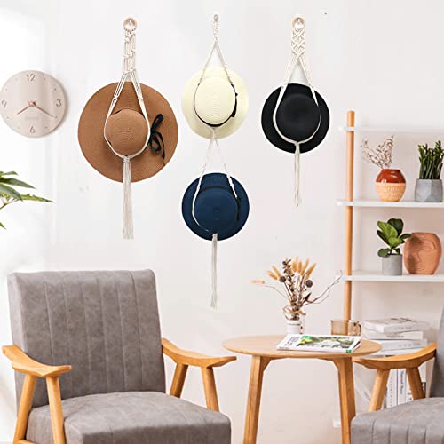 ZQXUNMQ Hat Organizer 3 Pieces Boho Hats Rack Handmade Cotton Rope Woven Hat Hangers Bohemian Hat Holder for Man and Women Caps Storage Wall Display Living Room Bedroom Decor