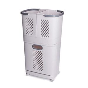 2-tier laundry basket with wheel rolling laundry sorter hampe bathroom,plplaaoo sorter basket,laundry basket bottom opening closing design dirty clothes hamper with storage shelf for bathroom