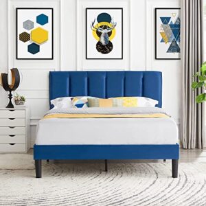 vecelo full size bed frame, upholstered platform bedframe, adjustable headboard, wood slat support, no box spring needed, easy assembly, blue