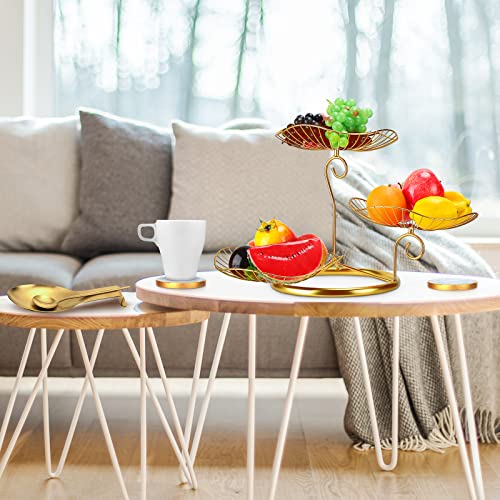 3 Tier Fruit Basket Stand Decorative Iron Fruit Bowl with 4 Pcs Round Coasters Gold Edge Marble Coaster Gold Spoon Rest for Kitchen Counter Stainless Ladle Spoon for Table Home Counter Wedding party