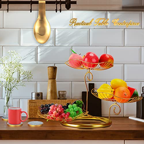 3 Tier Fruit Basket Stand Decorative Iron Fruit Bowl with 4 Pcs Round Coasters Gold Edge Marble Coaster Gold Spoon Rest for Kitchen Counter Stainless Ladle Spoon for Table Home Counter Wedding party