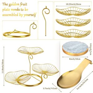 3 Tier Fruit Basket Stand Decorative Iron Fruit Bowl with 4 Pcs Round Coasters Gold Edge Marble Coaster Gold Spoon Rest for Kitchen Counter Stainless Ladle Spoon for Table Home Counter Wedding party