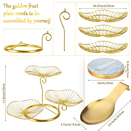 3 Tier Fruit Basket Stand Decorative Iron Fruit Bowl with 4 Pcs Round Coasters Gold Edge Marble Coaster Gold Spoon Rest for Kitchen Counter Stainless Ladle Spoon for Table Home Counter Wedding party