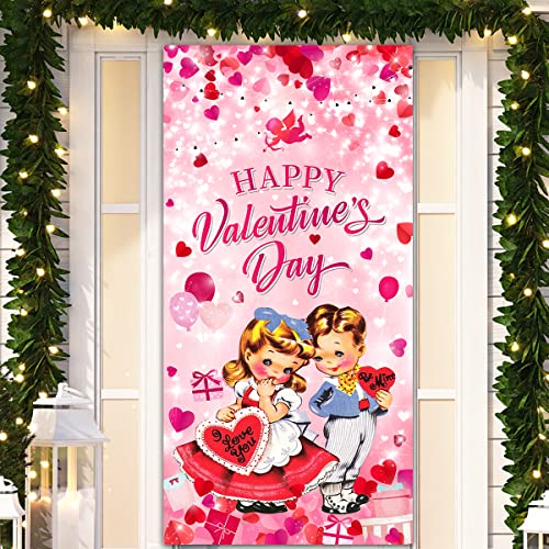 Happy Valentine's Day Door Cover - Valentine Valentine's Day Banner Large Fabric Valentine's Day Love Background Indoor Outdoor Decoration for Valentine's Day Party Supplies（70.9 x 35.4 Inch）