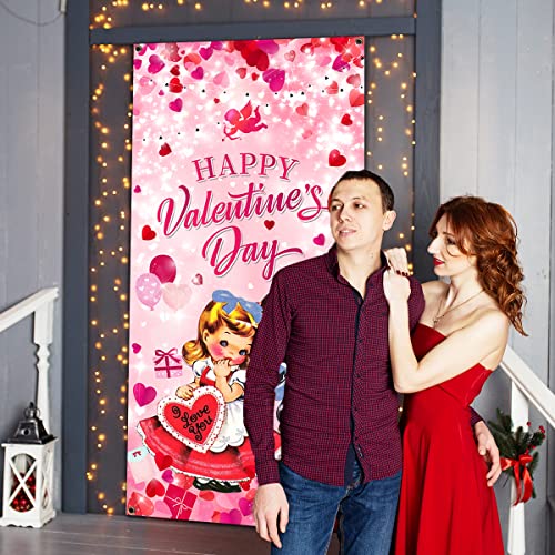 Happy Valentine's Day Door Cover - Valentine Valentine's Day Banner Large Fabric Valentine's Day Love Background Indoor Outdoor Decoration for Valentine's Day Party Supplies（70.9 x 35.4 Inch）