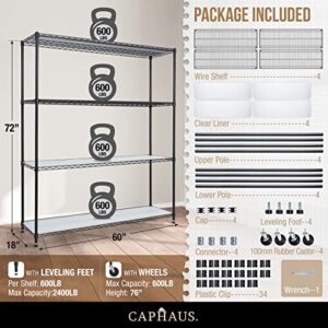 CAPHAUS NSF Commercial Grade Heavy Duty Wire Shelving w/Wheels, Leveling Feet & Liners, Storage Metal Shelf, Garage Shelving Storage, Utility Wire Rack Storage Shelves, w/Liner, 60 x 18 x 76 4-Tier