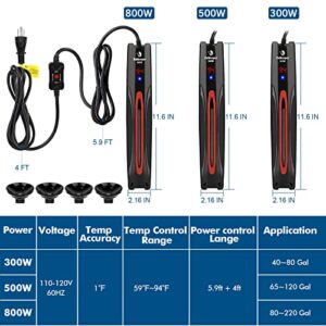 fishkeeper Ultra-Safe Intelligent Submersible Aquarium Heater 300W/500W/800W Electronic Precision Thermostat Fish Tank Heater with Run-Dry and Overheat Protection for 40~220 Gallon Fish Tank