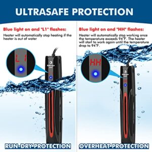 fishkeeper Ultra-Safe Intelligent Submersible Aquarium Heater 300W/500W/800W Electronic Precision Thermostat Fish Tank Heater with Run-Dry and Overheat Protection for 40~220 Gallon Fish Tank