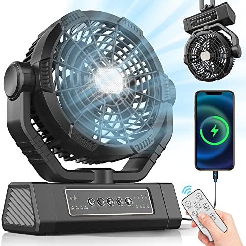 Portable Rechargeable Fan - 20000mAh 9-Inch Battery Operated Powered Fan(60Hrs) - Camping Fan with Light & Remote for Tent - USB Table Fan for Travel, Jobsite - 4 Speeds, 4 Timers, Auto-Oscillation