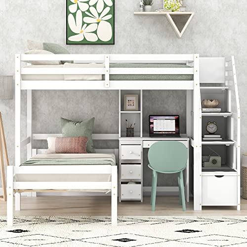 ODC Twin Over Twin Bunk Bed with Desk,Multifunctional Twin Size Loft Bed with a Platform Twin Bed and Storage Staircase, Solid Wood Loft Bed Frame with Shelves/Drawers for Kids Teens Adults