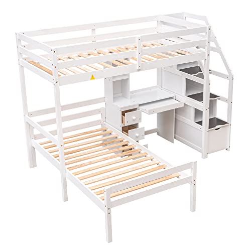 ODC Twin Over Twin Bunk Bed with Desk,Multifunctional Twin Size Loft Bed with a Platform Twin Bed and Storage Staircase, Solid Wood Loft Bed Frame with Shelves/Drawers for Kids Teens Adults