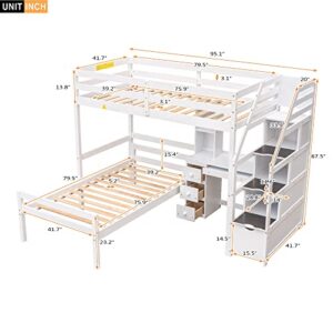 ODC Twin Over Twin Bunk Bed with Desk,Multifunctional Twin Size Loft Bed with a Platform Twin Bed and Storage Staircase, Solid Wood Loft Bed Frame with Shelves/Drawers for Kids Teens Adults