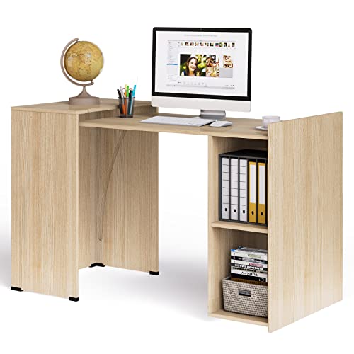 Tangkula Extendable Computer Desk for Small Space, Reversible Study Writing Desk with Mobile Shelves & Anti-Tipping Kit, Home Office Desk, Pull-Out Laptop Workstation Desk (Natural)