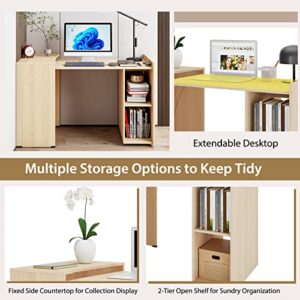 Tangkula Extendable Computer Desk for Small Space, Reversible Study Writing Desk with Mobile Shelves & Anti-Tipping Kit, Home Office Desk, Pull-Out Laptop Workstation Desk (Natural)