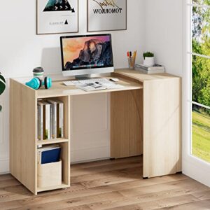 Tangkula Extendable Computer Desk for Small Space, Reversible Study Writing Desk with Mobile Shelves & Anti-Tipping Kit, Home Office Desk, Pull-Out Laptop Workstation Desk (Natural)