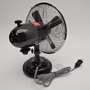 All Metal 8 inch Retro 3-Speed Tilted-Head Oscillation Table Fan Black, Oscillating Cloth Cord