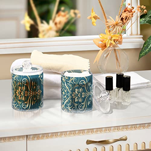 WELLDAY Apothecary Jars Bathroom Storage Organizer with Lid - 14 oz Qtip Holder Storage Canister, Baroque Damask Teal Clear Plastic Jar for Cotton Swab, Cotton Ball, Floss Picks, Makeup Sponges,Hair C