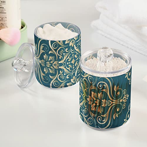 WELLDAY Apothecary Jars Bathroom Storage Organizer with Lid - 14 oz Qtip Holder Storage Canister, Baroque Damask Teal Clear Plastic Jar for Cotton Swab, Cotton Ball, Floss Picks, Makeup Sponges,Hair C