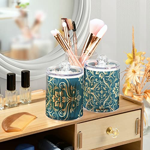 WELLDAY Apothecary Jars Bathroom Storage Organizer with Lid - 14 oz Qtip Holder Storage Canister, Baroque Damask Teal Clear Plastic Jar for Cotton Swab, Cotton Ball, Floss Picks, Makeup Sponges,Hair C