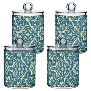 WELLDAY Apothecary Jars Bathroom Storage Organizer with Lid - 14 oz Qtip Holder Storage Canister, Baroque Damask Teal Clear Plastic Jar for Cotton Swab, Cotton Ball, Floss Picks, Makeup Sponges,Hair C