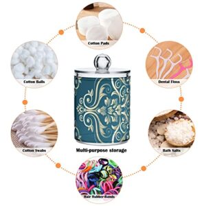 WELLDAY Apothecary Jars Bathroom Storage Organizer with Lid - 14 oz Qtip Holder Storage Canister, Baroque Damask Teal Clear Plastic Jar for Cotton Swab, Cotton Ball, Floss Picks, Makeup Sponges,Hair C