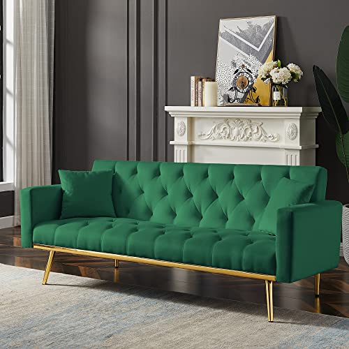 hansones Convertible Velvet Futon Sofa Bed,Sleeper Sofa Couch with Two Pillows and Golden Metal Legs for Living Room (Green)