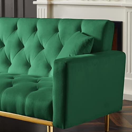 hansones Convertible Velvet Futon Sofa Bed,Sleeper Sofa Couch with Two Pillows and Golden Metal Legs for Living Room (Green)