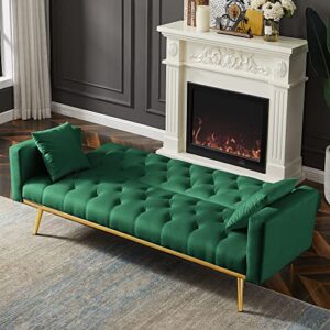 hansones Convertible Velvet Futon Sofa Bed,Sleeper Sofa Couch with Two Pillows and Golden Metal Legs for Living Room (Green)