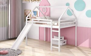 hyc full size loft bed with slide, wood loft bed full with playhouse design, kids house loft bed frame for boys girls,white