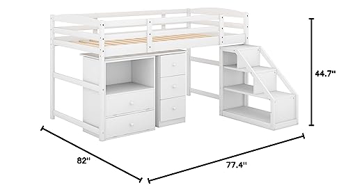 HYC Twin Loft Bed with Multifunctional Movable Built-in Desk, Wood Low Loft Bed with Stairs, for Kids Teens Girls Boys,White