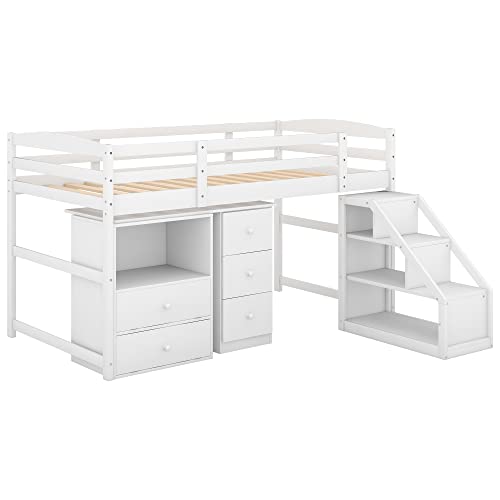 HYC Twin Loft Bed with Multifunctional Movable Built-in Desk, Wood Low Loft Bed with Stairs, for Kids Teens Girls Boys,White