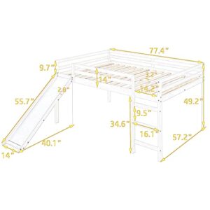 ODC Full Loft Bed with Slide and Ladder, Solid Wood Low Loft Bed Frame for Kids, Full Size Loft Bed for Kids/Teens/Grils/Boys, No Box Spring Needed