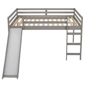 ODC Full Loft Bed with Slide and Ladder, Solid Wood Low Loft Bed Frame for Kids, Full Size Loft Bed for Kids/Teens/Grils/Boys, No Box Spring Needed