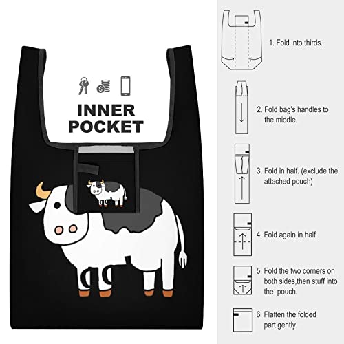 Funny Cow Moo Printed Reusable Grocery Bag with Handle Foldable Shopping Tote Bags Portable for Supermarket Camping