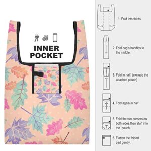 Pink Leaves Printed Reusable Grocery Bag with Handle Foldable Shopping Tote Bags Portable for Supermarket Camping