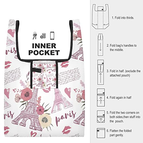 Paris Eiffel Tower Printed Reusable Grocery Bag with Handle Foldable Shopping Tote Bags Portable for Supermarket Camping