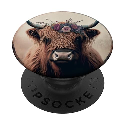 Funny Cute Floral Scottish Highland Cow PopSockets Standard PopGrip