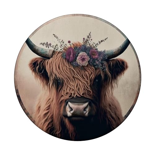 Funny Cute Floral Scottish Highland Cow PopSockets Standard PopGrip