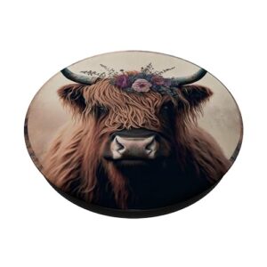 Funny Cute Floral Scottish Highland Cow PopSockets Standard PopGrip