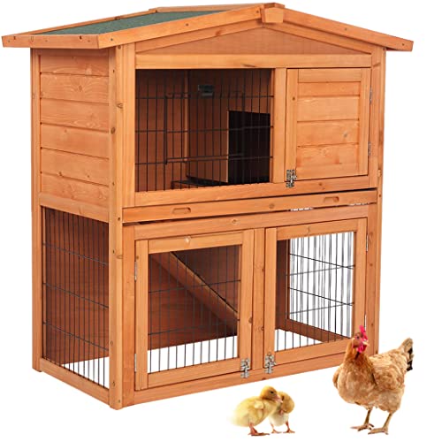 40 Inch Wood Rabbit Hutch 2-Story Rabbit Cage Bunny Hutch Indoor Outdoor Guinea Pig Cage, Small Animal Enclosure with Run Area, Removable No Leaking Tray, Asphalt Roof, Lockable Doors and Ramp