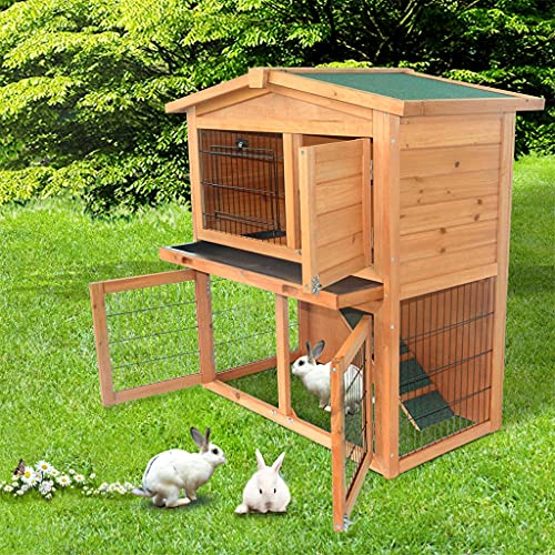 40 Inch Wood Rabbit Hutch 2-Story Rabbit Cage Bunny Hutch Indoor Outdoor Guinea Pig Cage, Small Animal Enclosure with Run Area, Removable No Leaking Tray, Asphalt Roof, Lockable Doors and Ramp