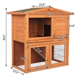 40 Inch Wood Rabbit Hutch 2-Story Rabbit Cage Bunny Hutch Indoor Outdoor Guinea Pig Cage, Small Animal Enclosure with Run Area, Removable No Leaking Tray, Asphalt Roof, Lockable Doors and Ramp