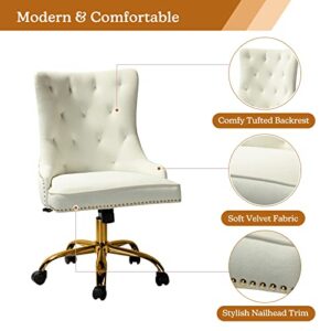 HULALA HOME Velvet Office Chair with Nailhead Trim & Gold Base, Modern Cute Tufted Desk Chair Swivel Adjustable, Upholstered Armless Computer Task Vanity Chair for Women, Ivory